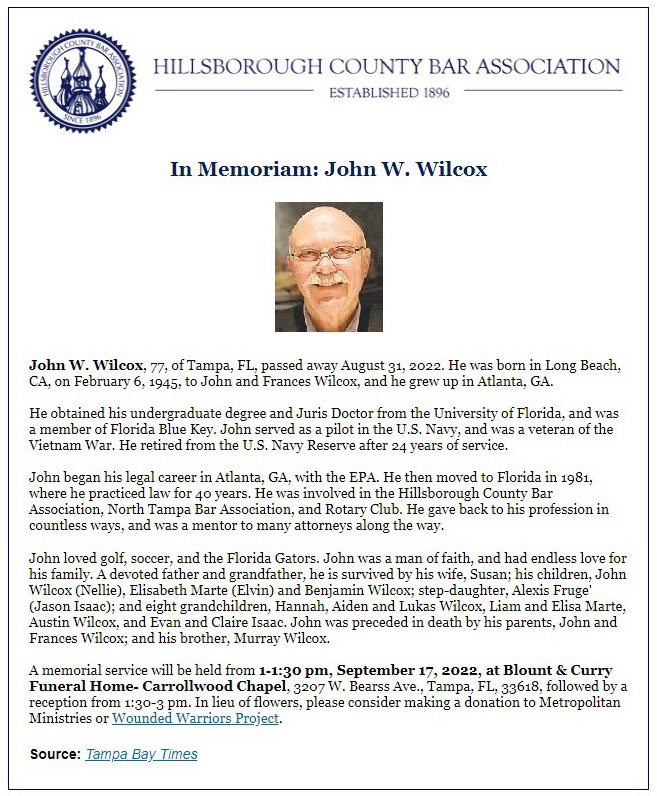In Memoriam: John W. Wilcox – Arbitration and Mediation for Florida